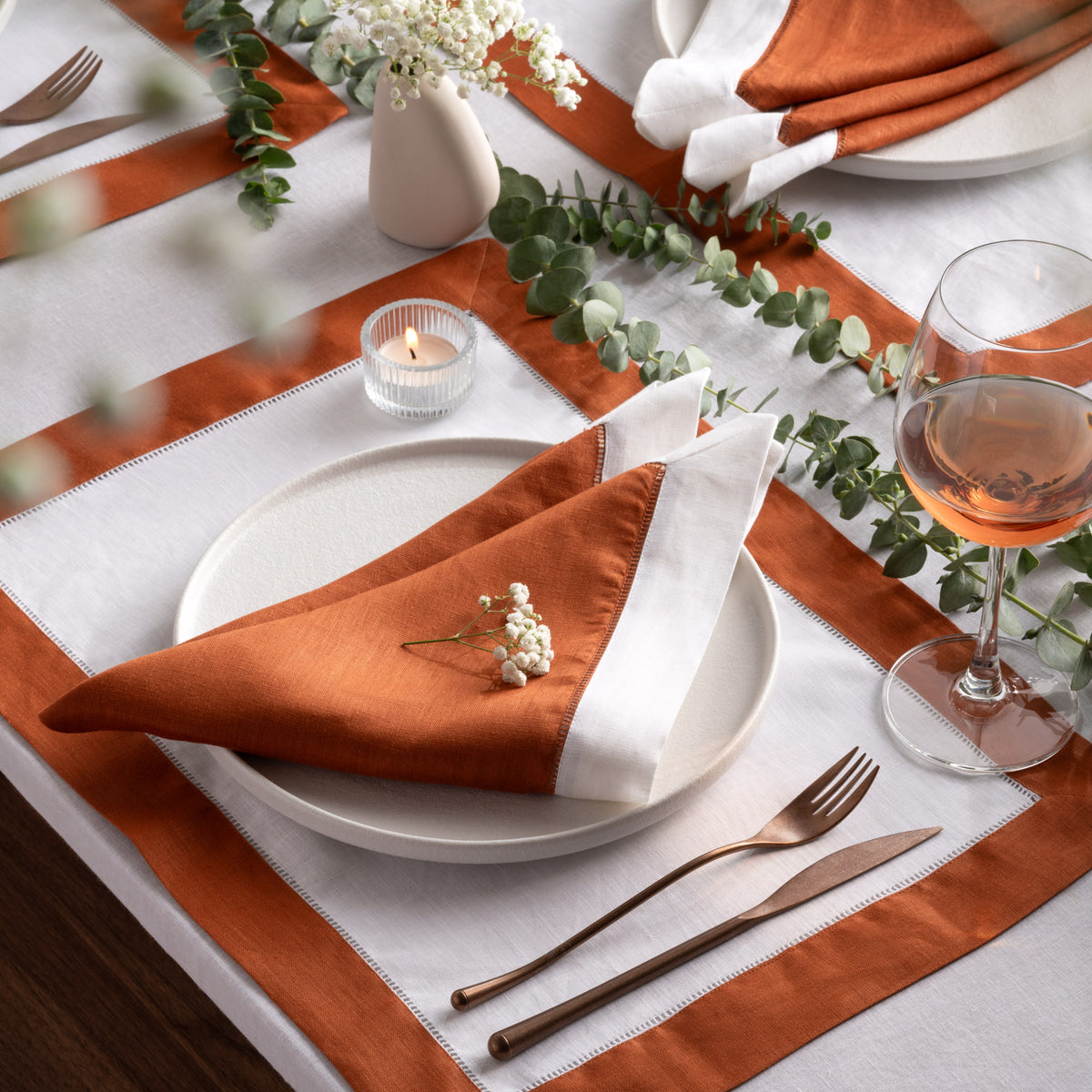 Festive Hemstitched Bordered Linen Napkins Orange And White Set Of